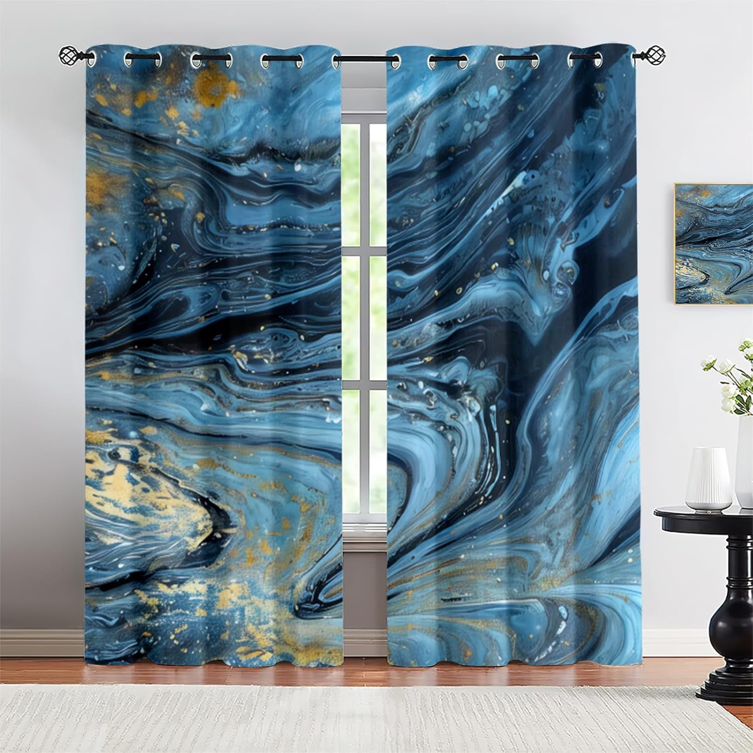 Abstract Marble Bedroom Black Out Curtains, Luxury Gold Blue Texture ...