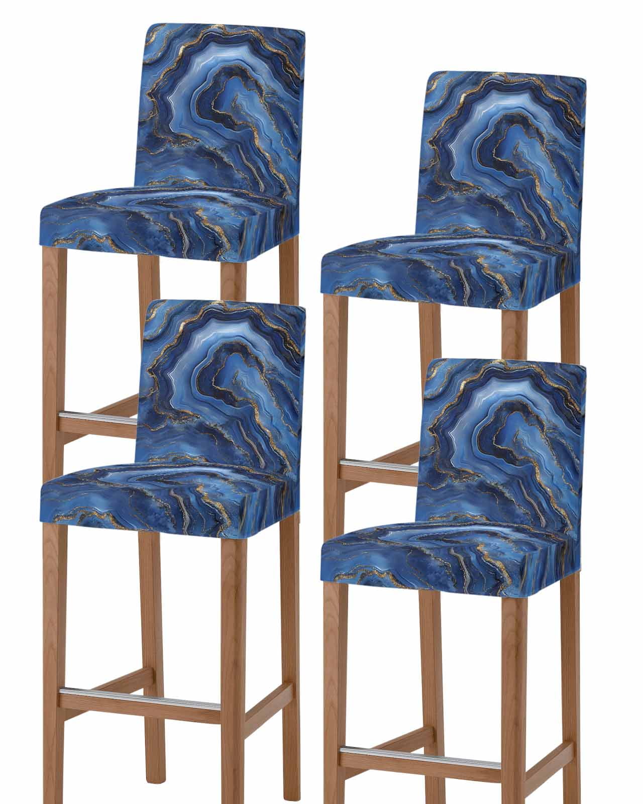 Abstract Marble Blue Bar Stool Chair Covers Set of 4 with Back,Gradient Gold Ocean Wave ...