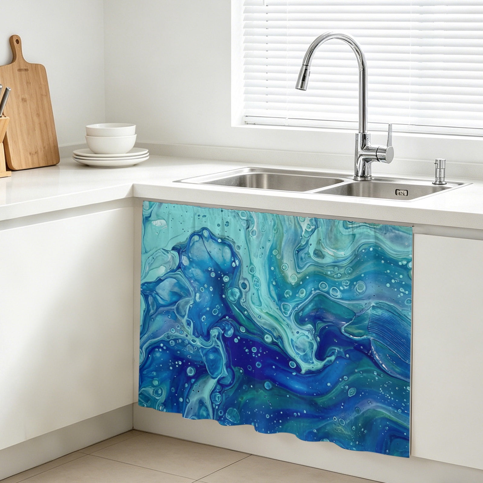 Abstract Marble Cabinet Curtains for Kitchen 10"W x 11"L, Turquoise ...