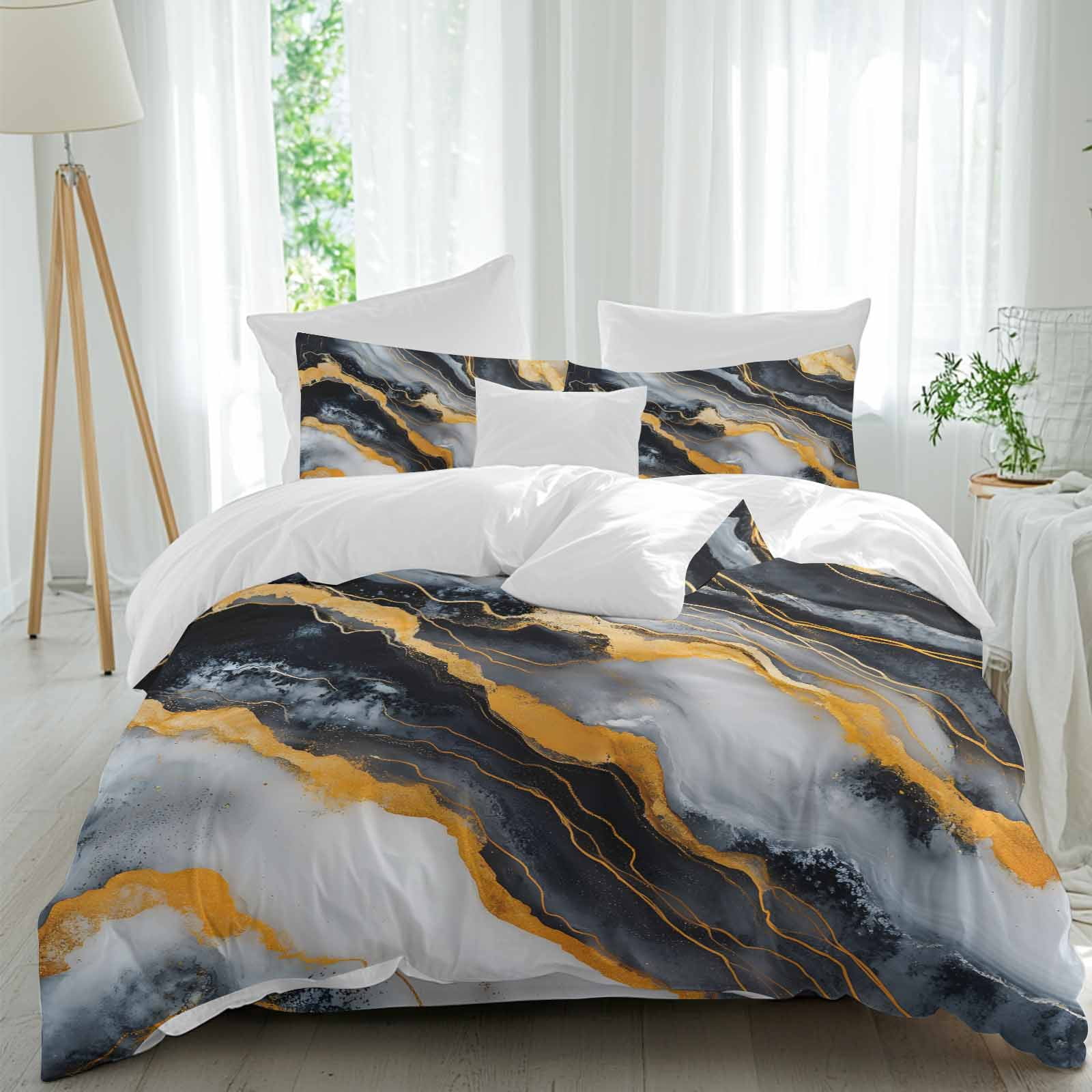Abstract Marble California King Duvet Cover Set, Black White Gold ...