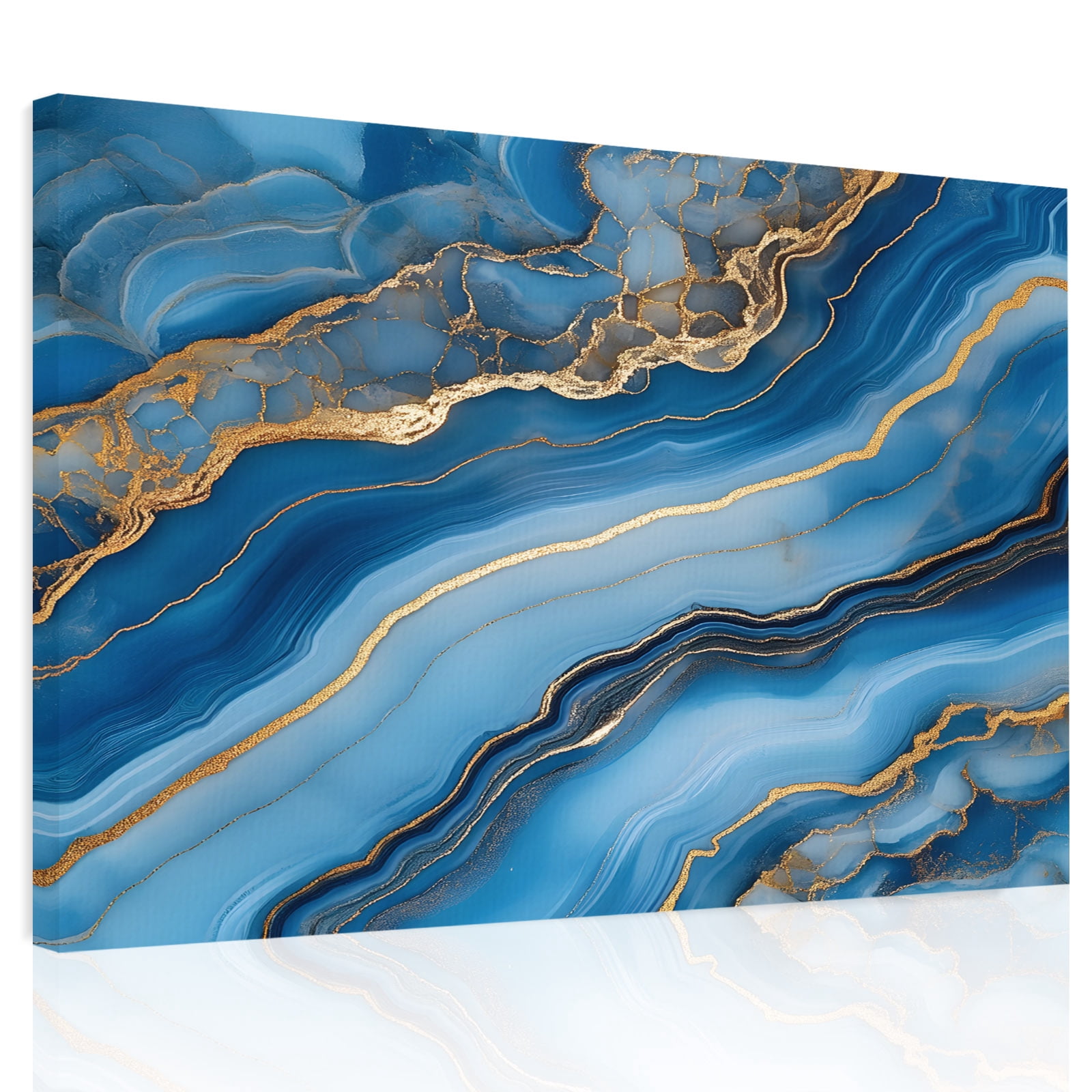 Abstract Marble Canvas Print Wall Art, Blue Gradient Gold Crack Texture ...
