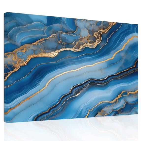 Abstract Marble Canvas Print Wall Art, Blue Gradient Gold Crack Texture ...