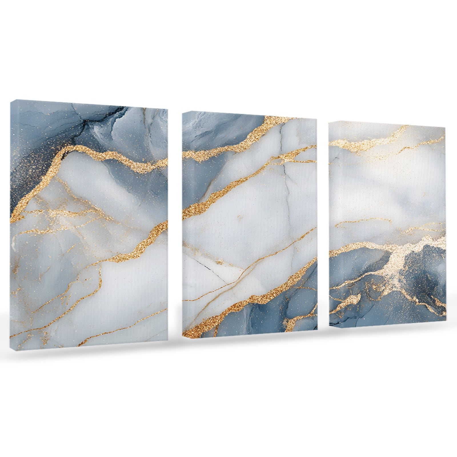 Abstract Marble Canvas Wall Art 3 Panels, Navy Blue Gold Gradient Wave ...