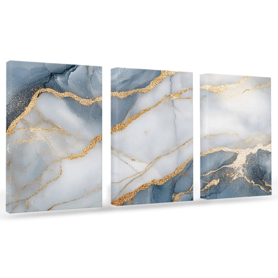 Abstract Marble Canvas Wall Art 3 Panels, Navy Blue Gold Gradient Wave ...
