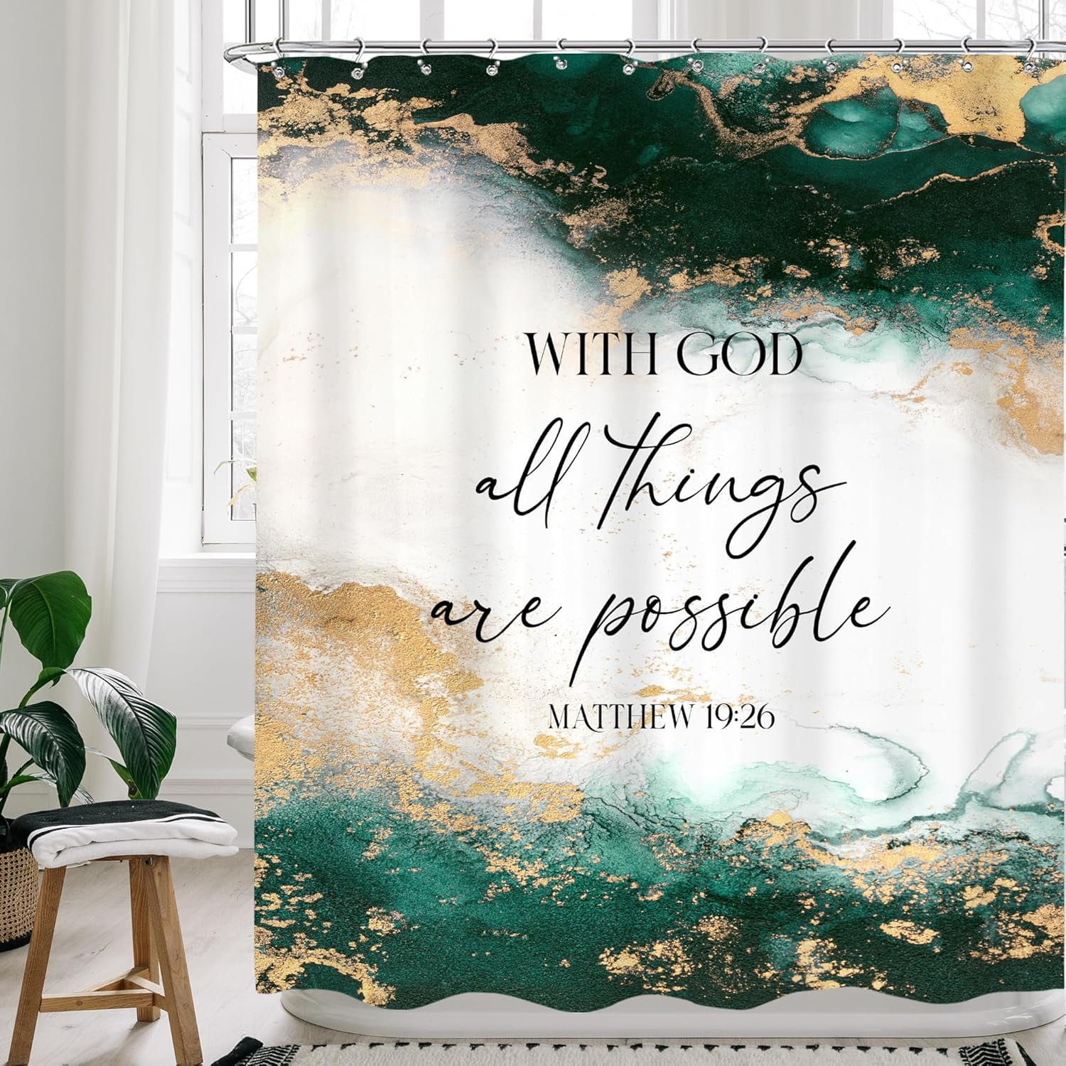 Abstract Marble Christian Shower Curtain 60Wx72H Emerald Green Bible ...