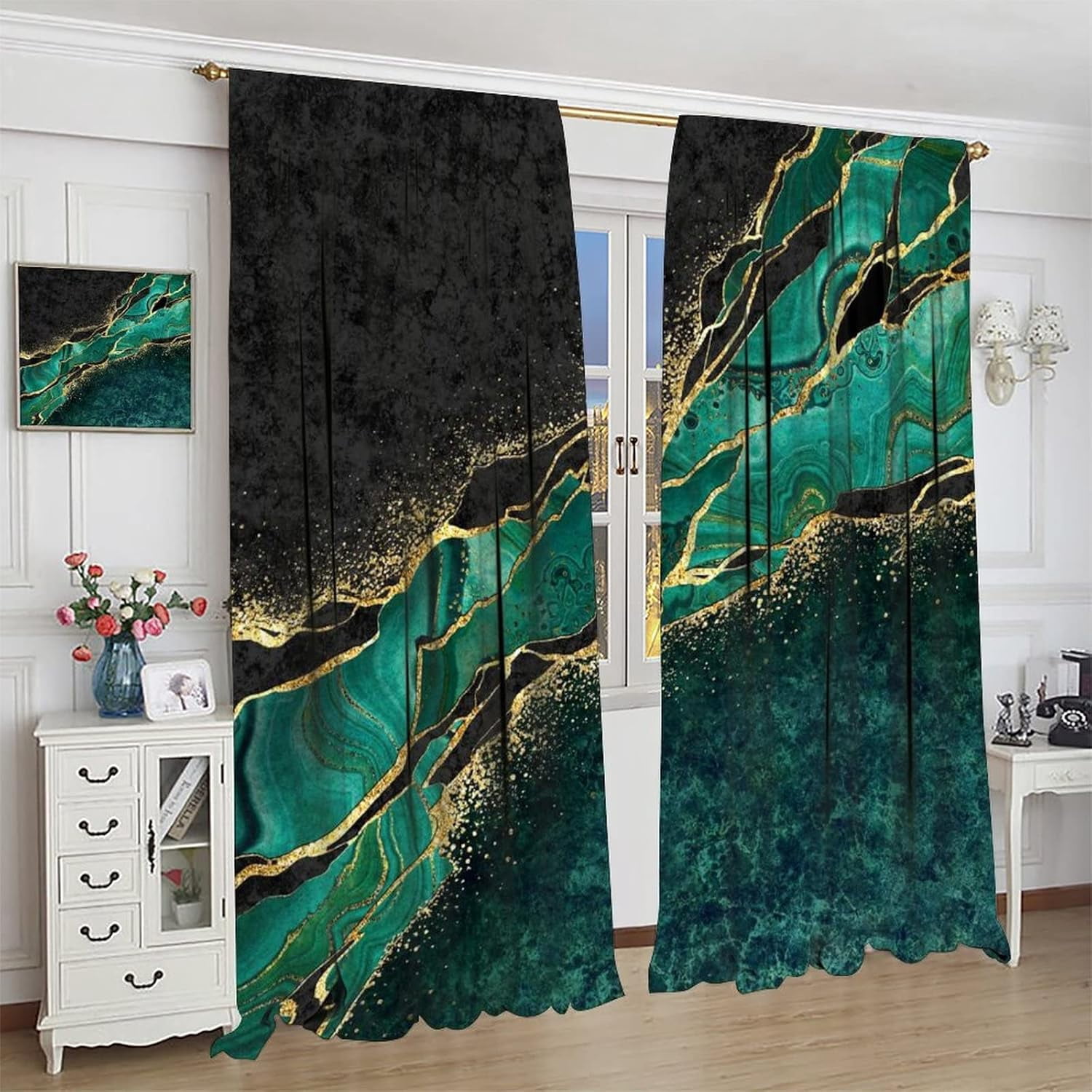 Abstract Marble Curtains, Green Malachite and Golden Veins Living ...
