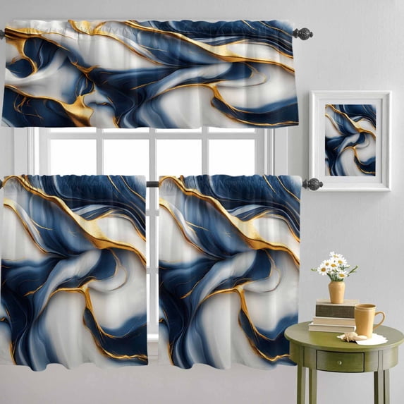 Abstract Marble Dark Blue Gradient Curtain Tier and Valance Set 3 Piece ...
