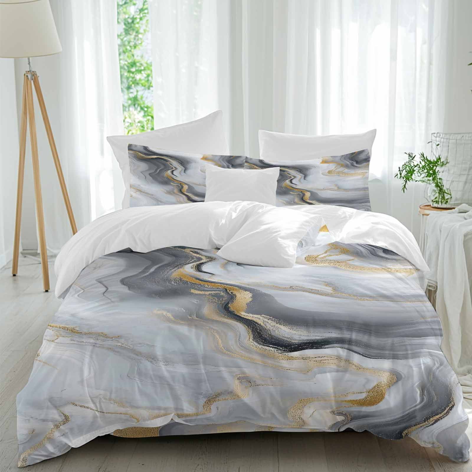 Abstract Marble Duvet Cover Set King Size, Gradient Black White Gold ...