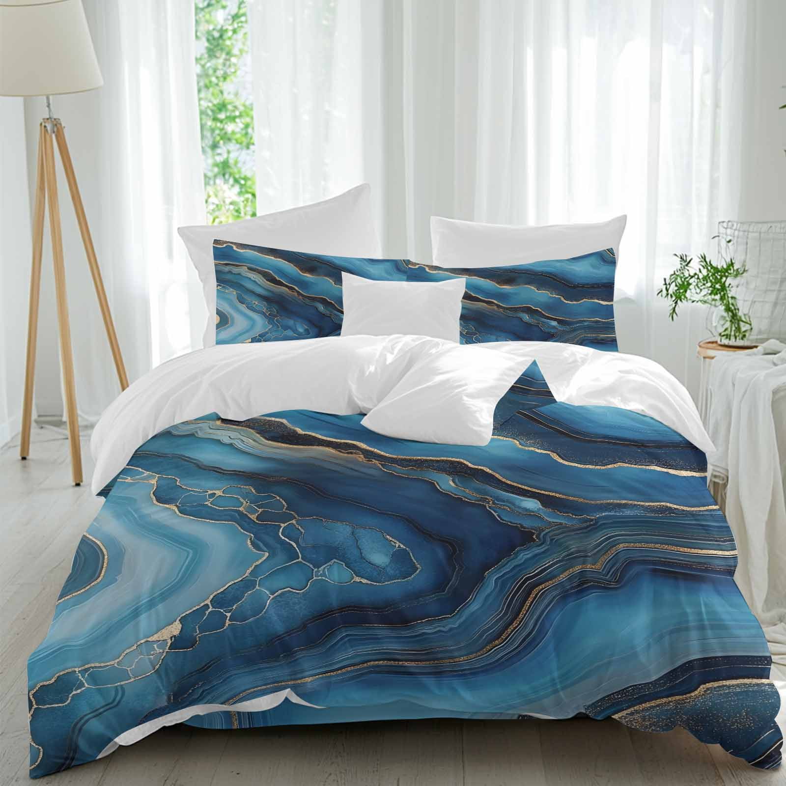Abstract Marble Duvet Cover Set Twin Size, Teal Blue Gradient Gold Wave ...