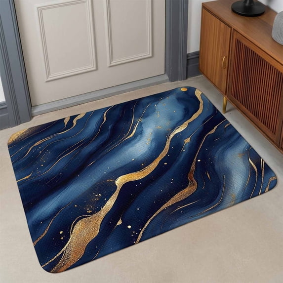 Abstract Marble Front Door Mat Indoor Entrance, Gold Navy Texture ...
