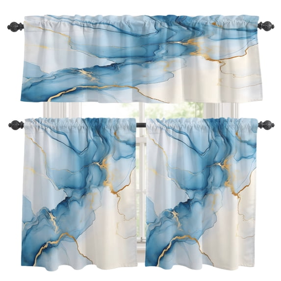 Abstract Marble Kitchen Curtains Set for Windows, Blue Gold Gradient ...