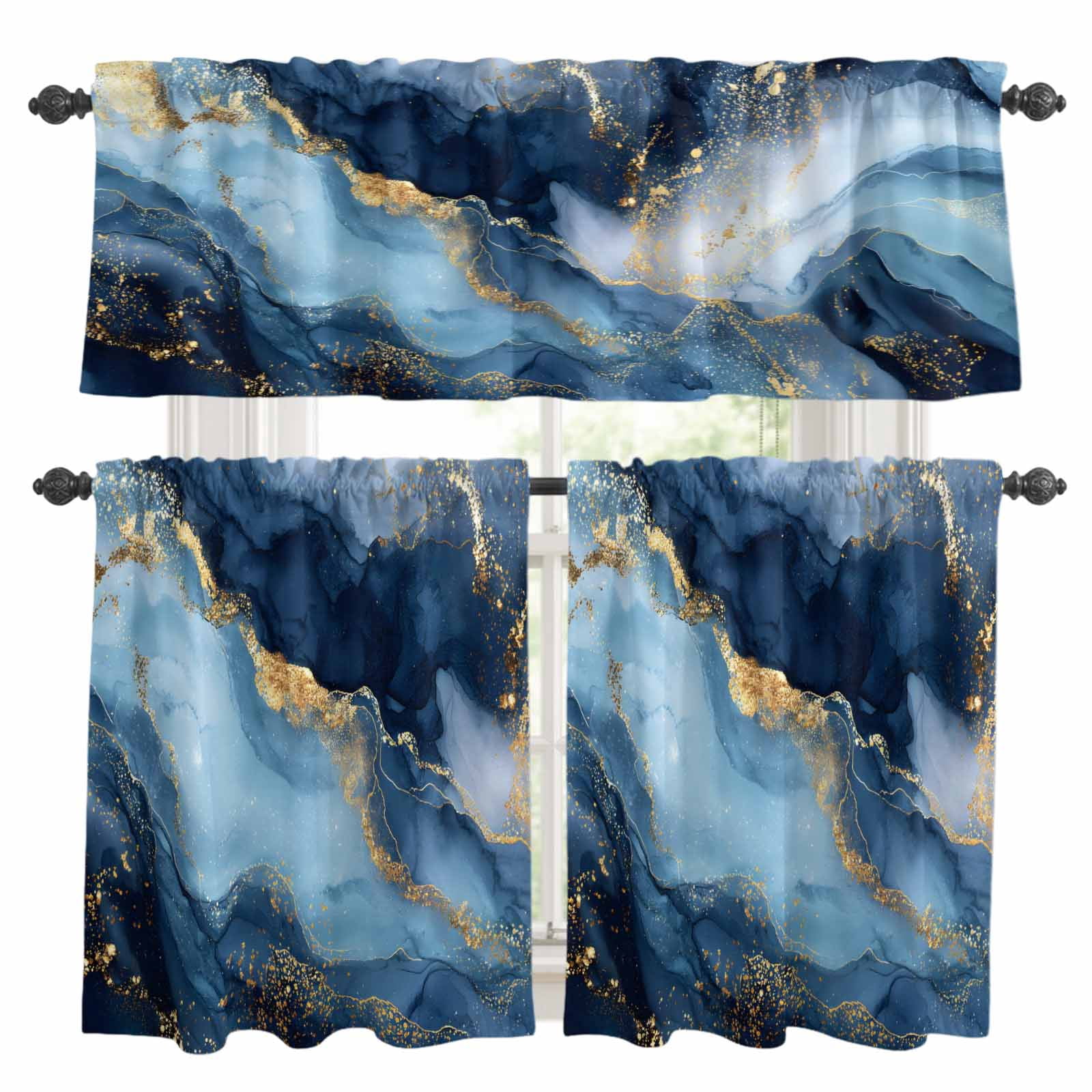 Abstract Marble Kitchen Curtains Set for Windows, Luxury Gorgeous Blue ...