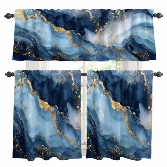 Abstract Marble Kitchen Curtains Set for Windows, Luxury Gorgeous Blue ...