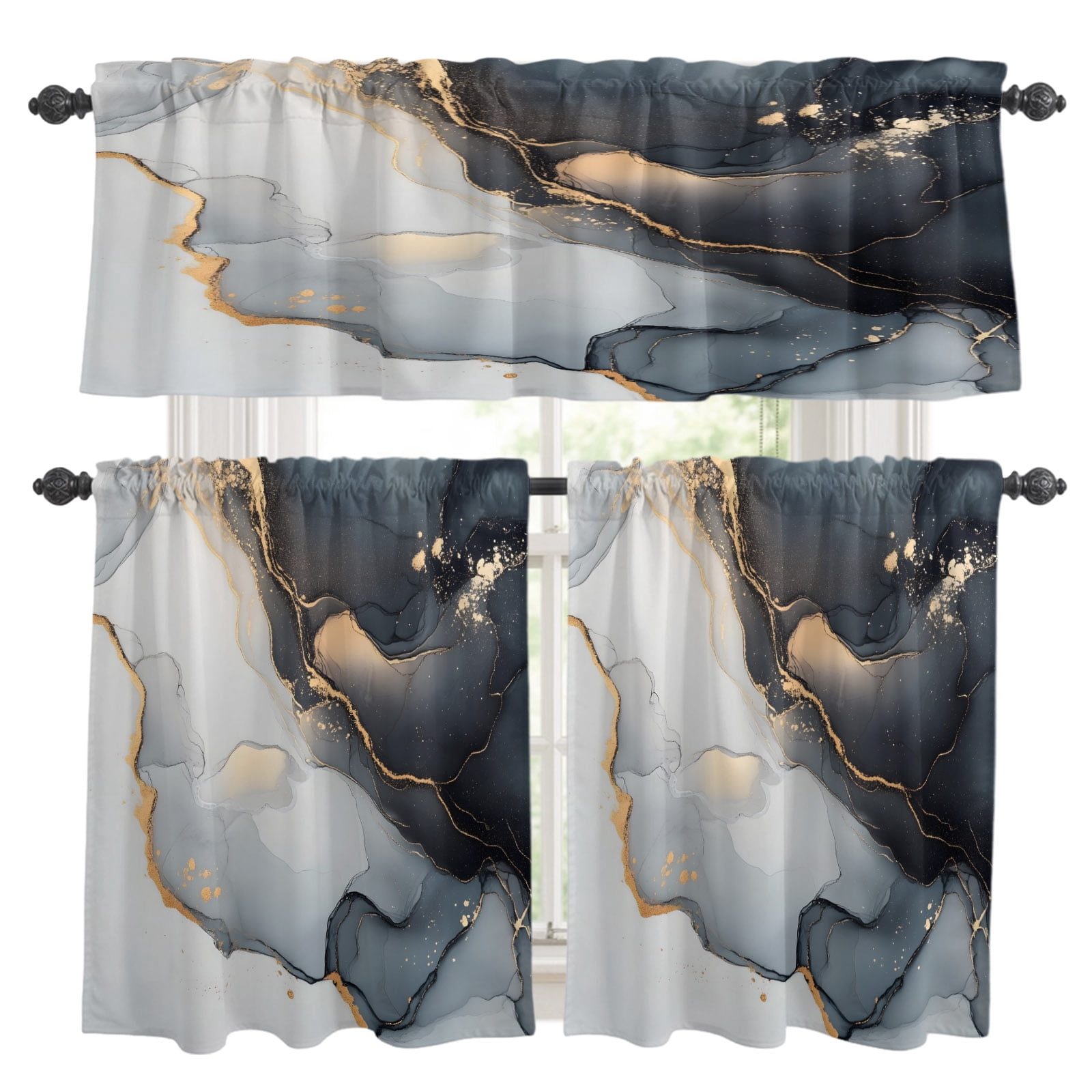 Abstract Marble Kitchen Curtains Valance and Tier Set Black Gradient ...