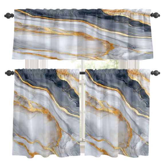 Abstract Marble Kitchen Curtains Valance and Tier Set Black White Gold ...