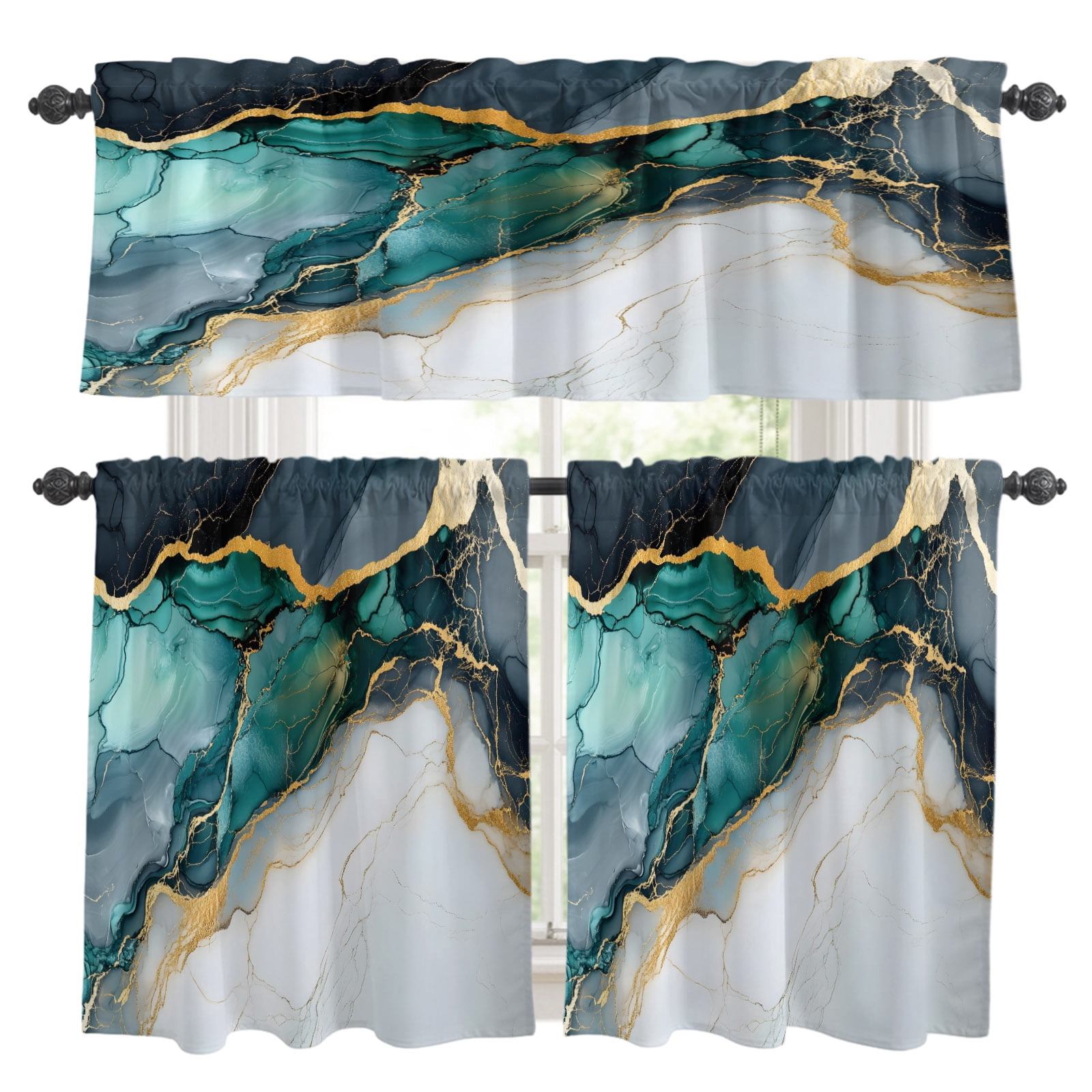 Abstract Marble Kitchen Curtains Valance and Tier Set Water Duck Green ...