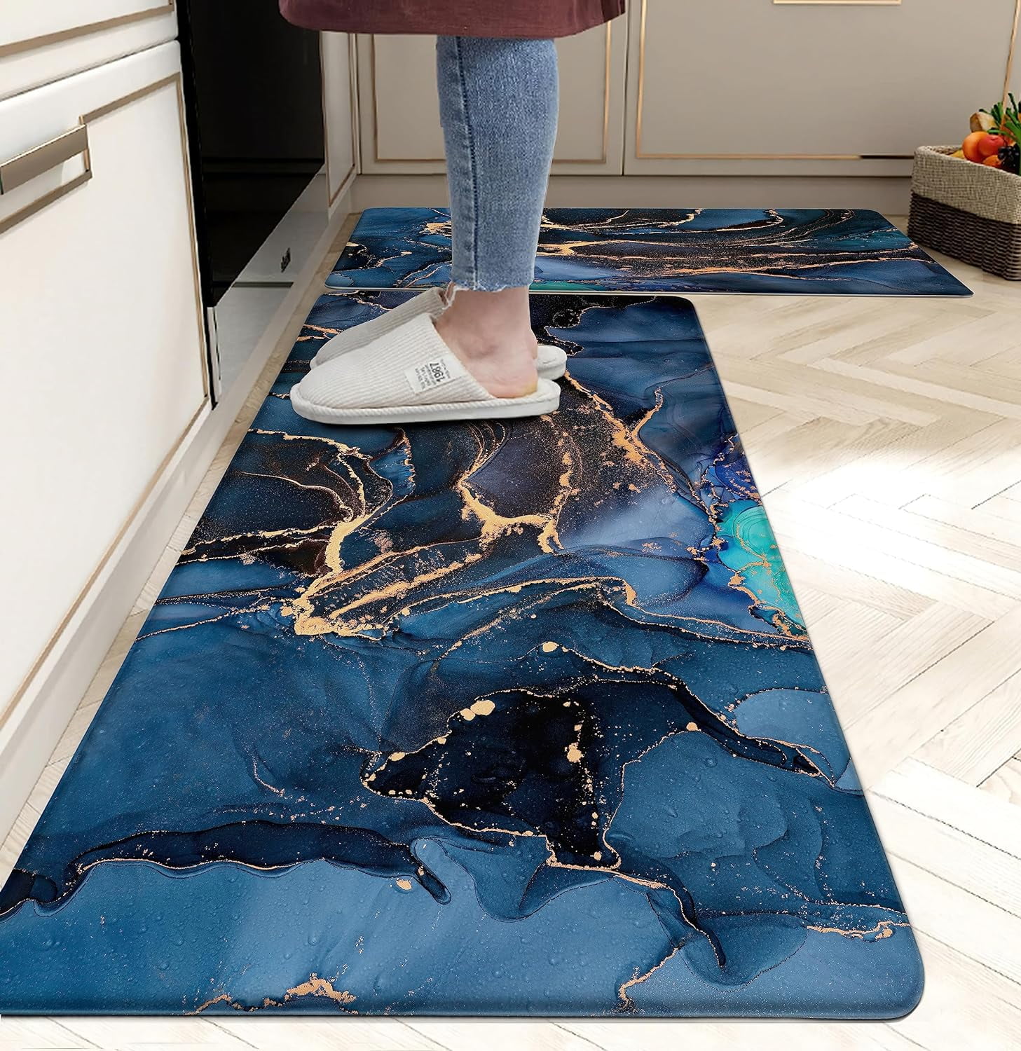 Abstract Marble Kitchen Rugs Blue Jade Texture Gold Stripes Ombre ...