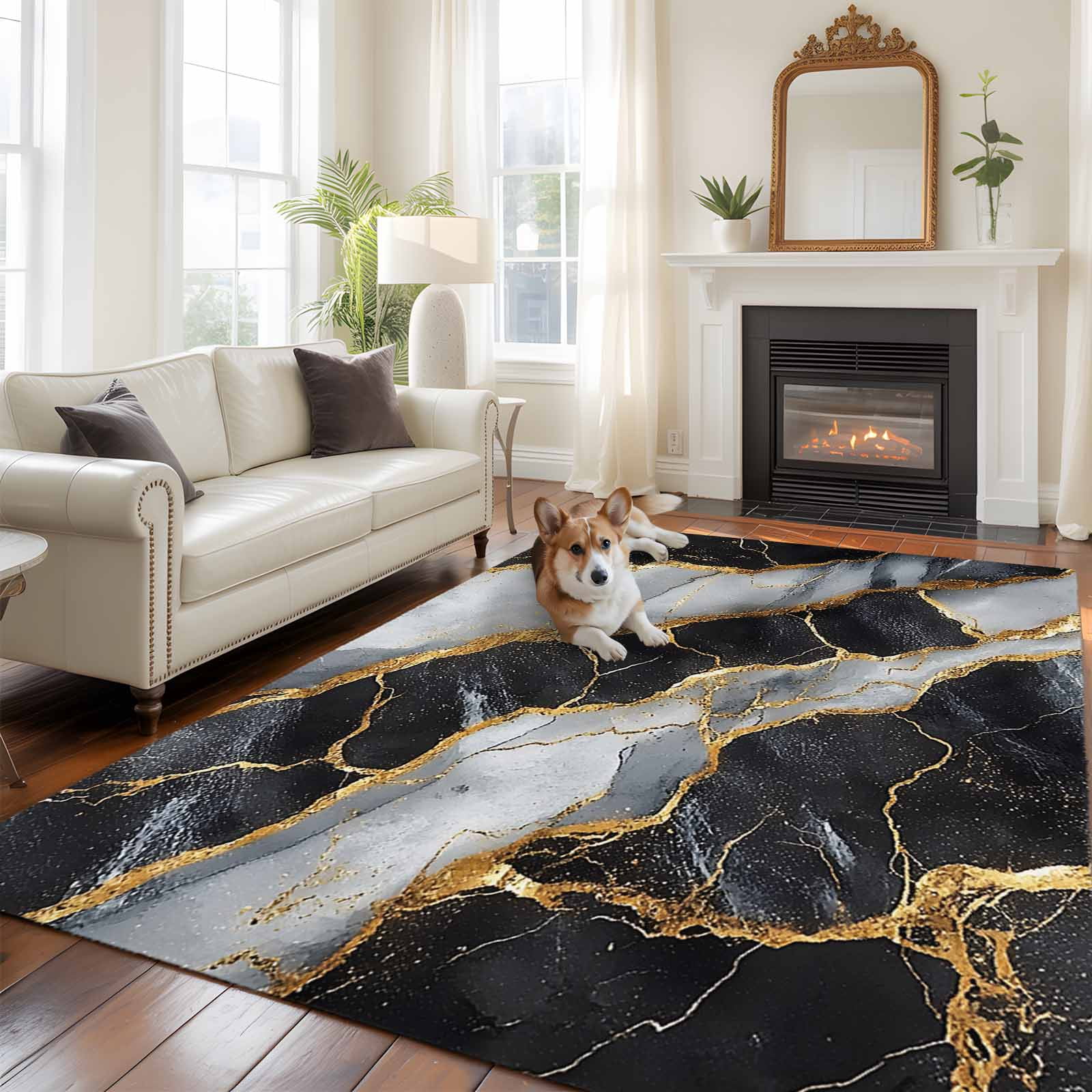 Abstract Marble Large Area Rugs 6x9 ft Black Gold Crack Texture ...