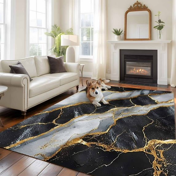 Abstract Marble Large Area Rugs 6x9 ft Black Gold Crack Texture ...