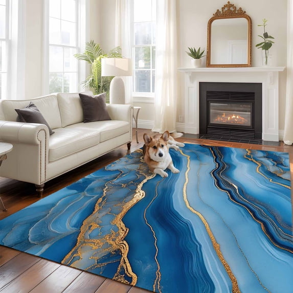 Abstract Marble Large Area Rugs 6x9 ft Blue Gradient Gold Crack Texture ...