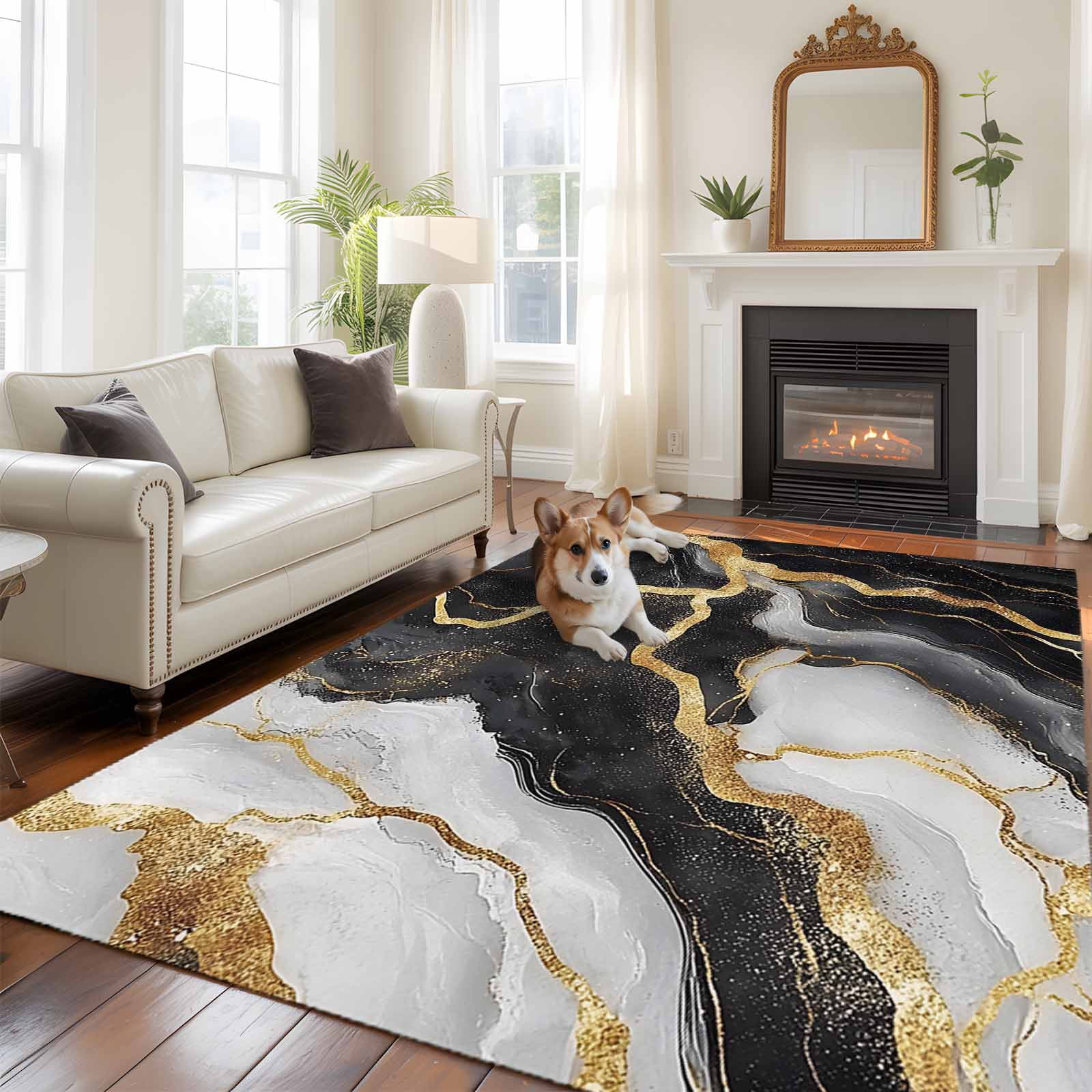 Abstract Marble Large Area Rugs 8x10 ft Gold Texture Simple Black White ...
