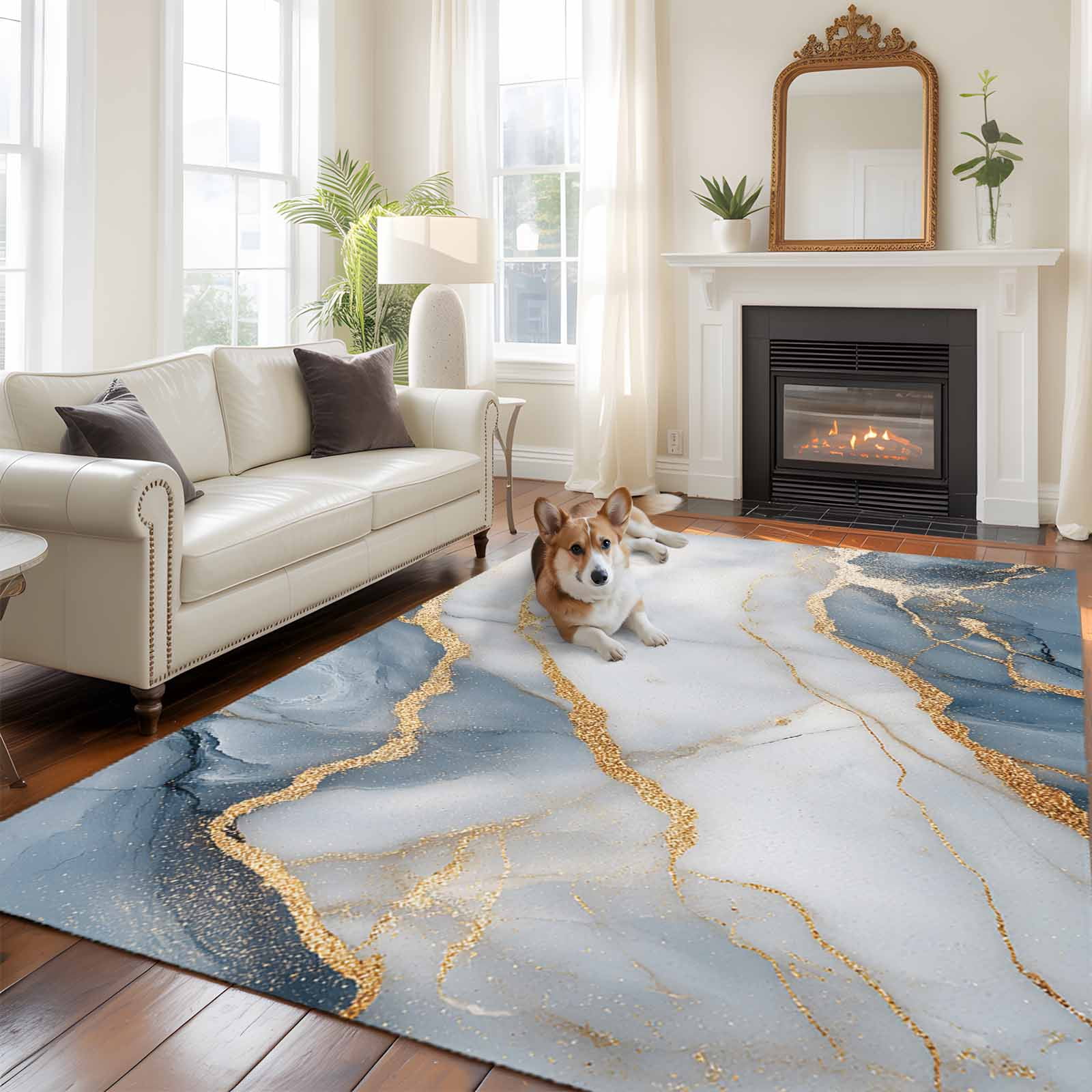 Abstract Marble Large Area Rugs 8x10 ft Navy Blue Gold Gradient Wave ...