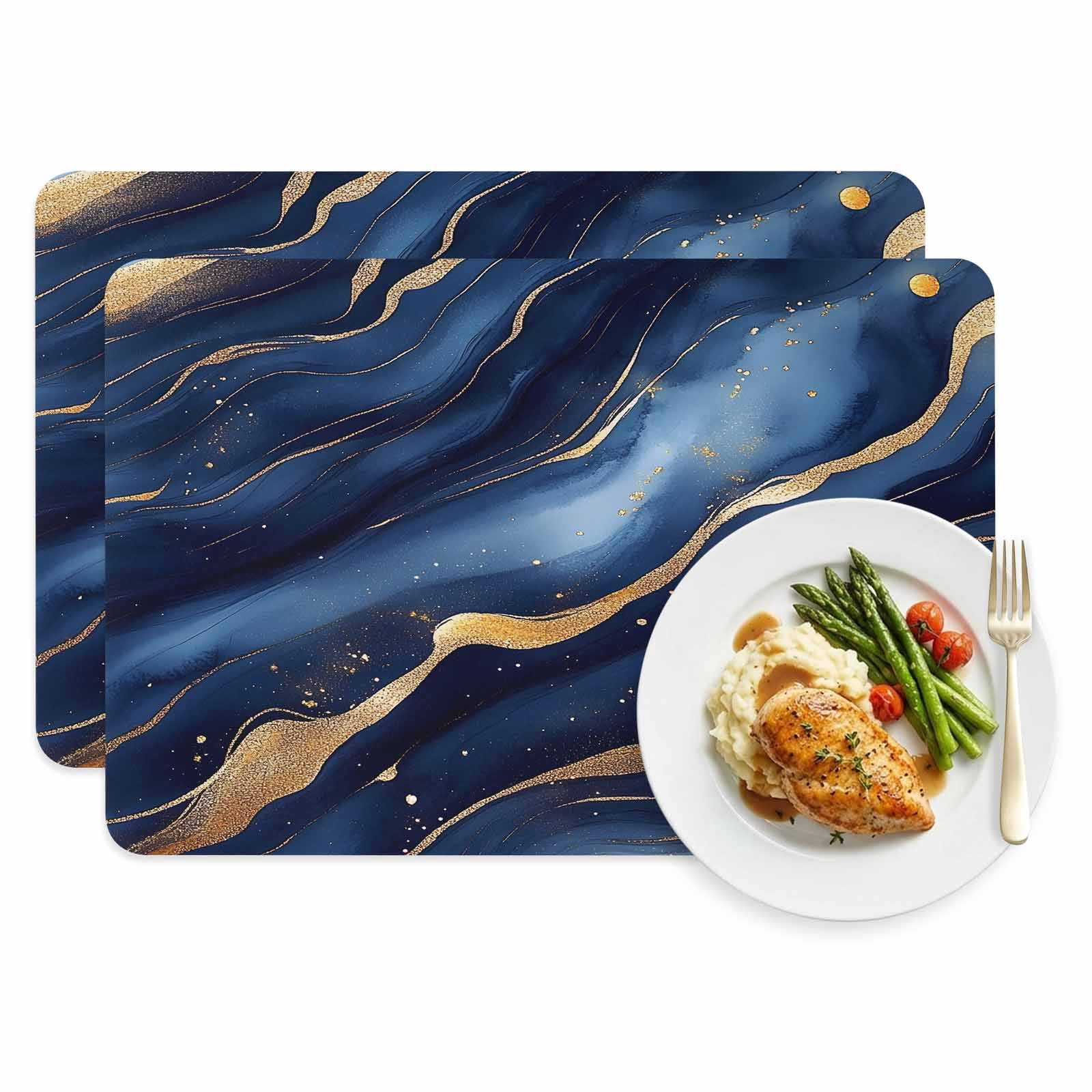 Abstract Marble Leather Placemats Set of 2, 12x18 Inch, Gold Navy ...