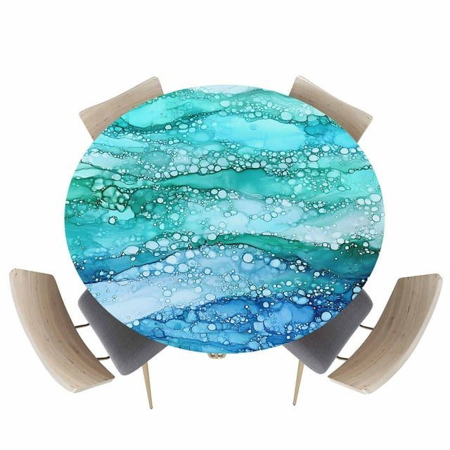 Abstract Marble Ombre Blue Ocean Wave Fitted Round Tablecloths Elastic ...
