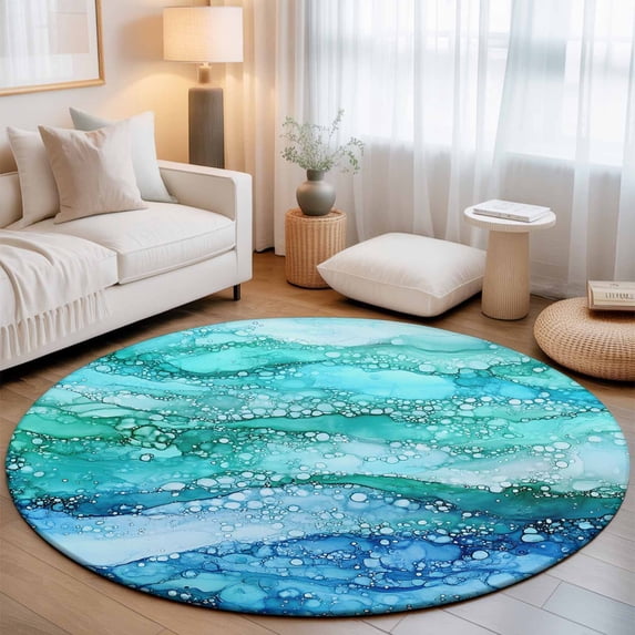 Abstract Marble Ombre Blue Ocean Wave Round Rug 5ft Nautical Coastal ...
