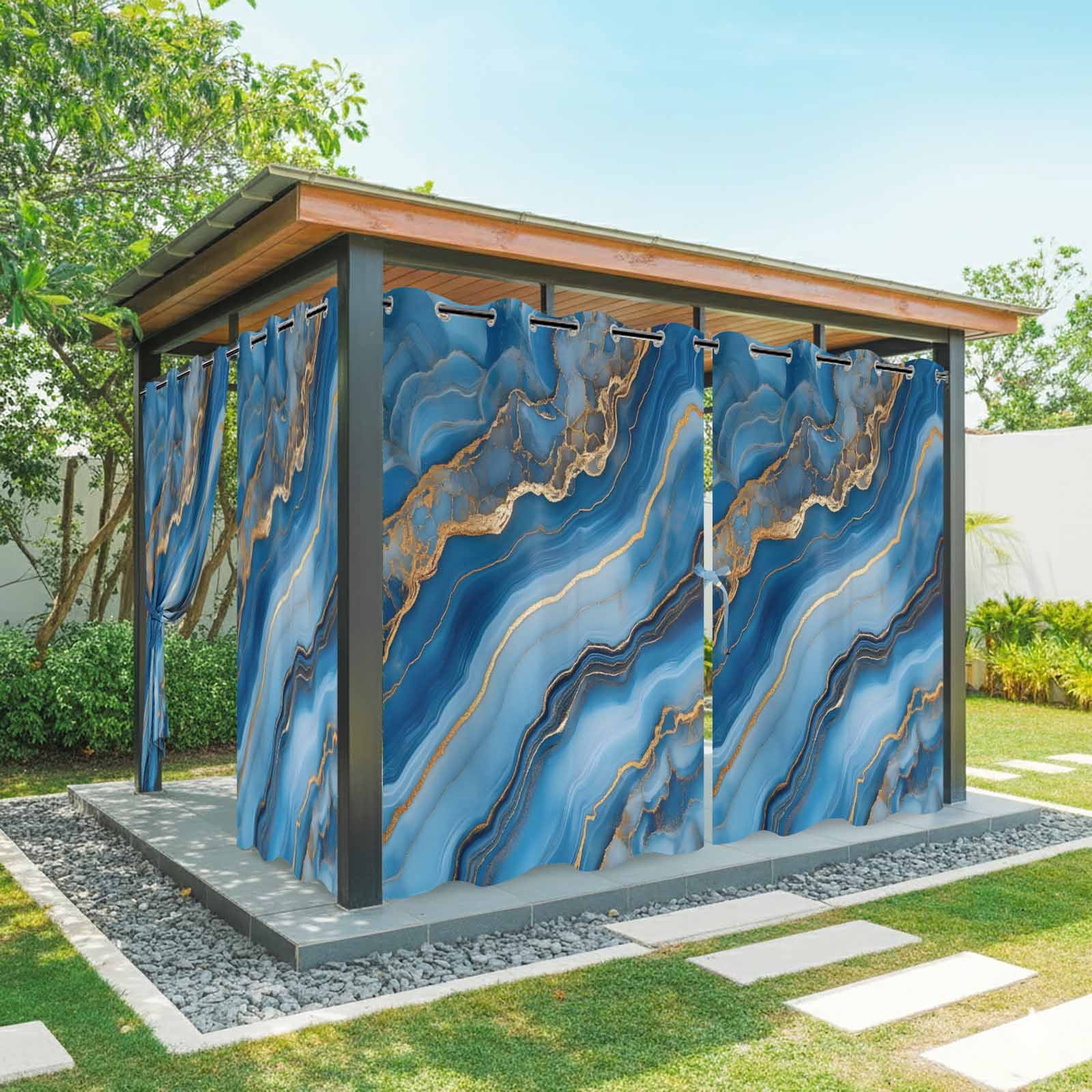 Abstract Marble Outdoor Curtains for Patio Waterproof, Blue Gradient ...