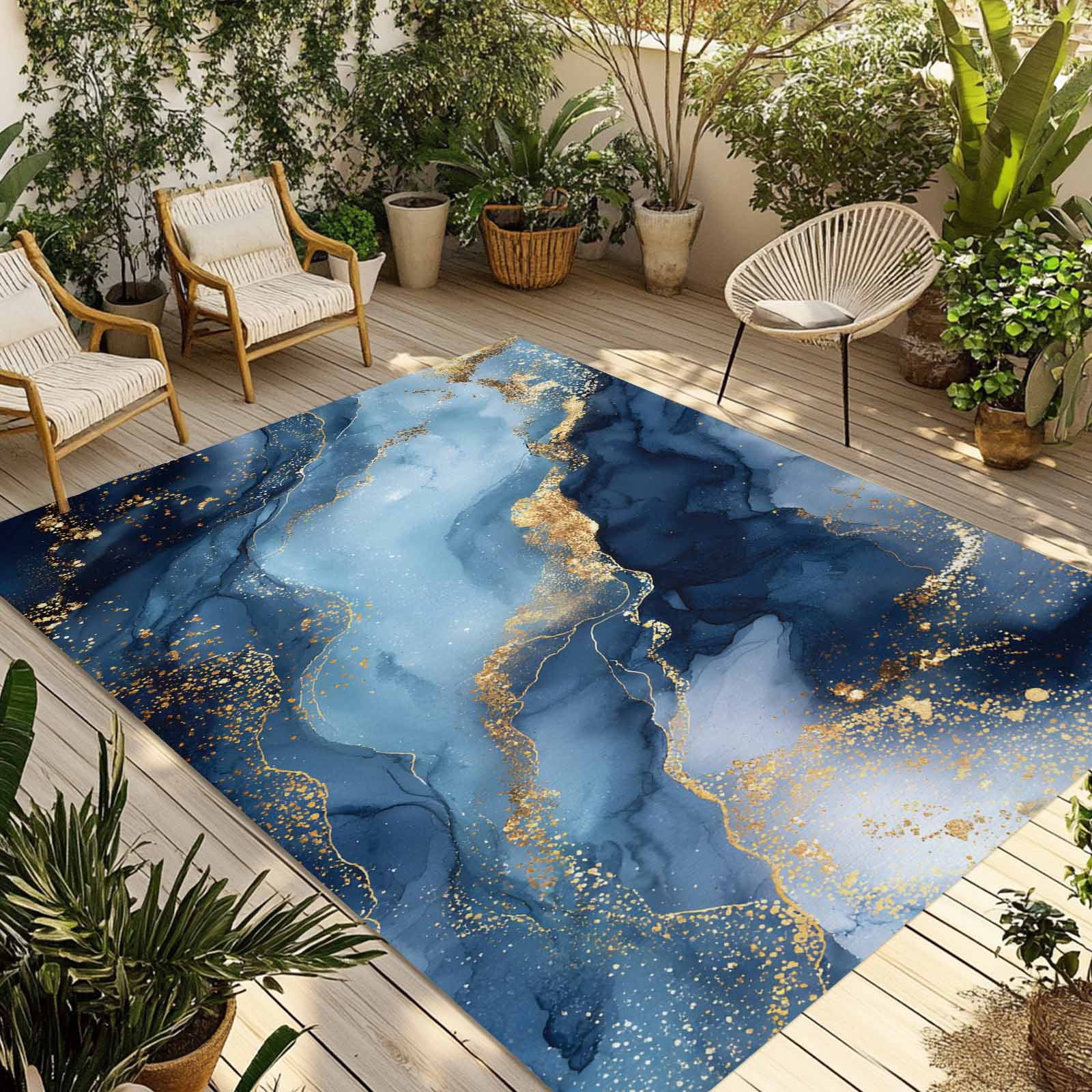 Abstract Marble Outdoor Rug 5x8 ft Luxury Gorgeous Blue Gold Ocean Non ...