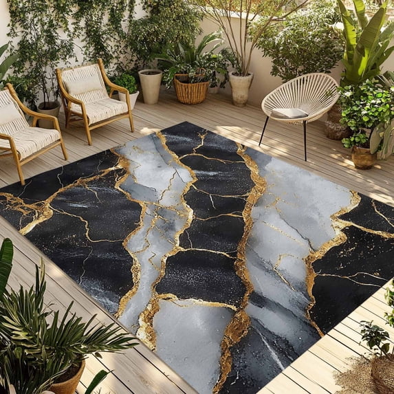 Abstract Marble Outdoor Rug, Black Gold Crack Texture Impressionist Non ...