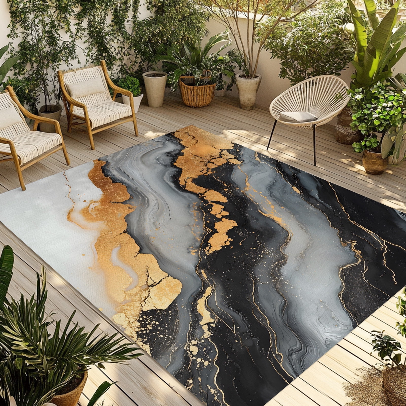 Abstract Marble Outdoor Rug, Black White Gold Gradient Wave Texture Art ...