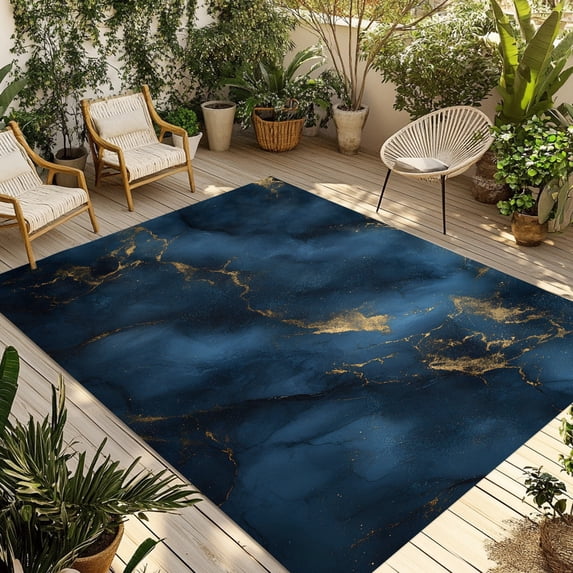 Abstract Marble Outdoor Rug, Blue Gold Gradient Wave Texture Non-Slip ...