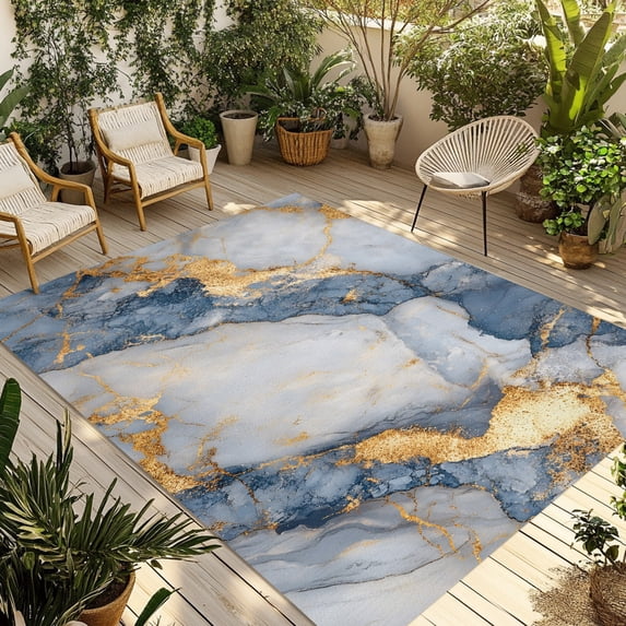 Abstract Marble Outdoor Rug, Blue Gray Gold Gradient Texture Non-Slip ...