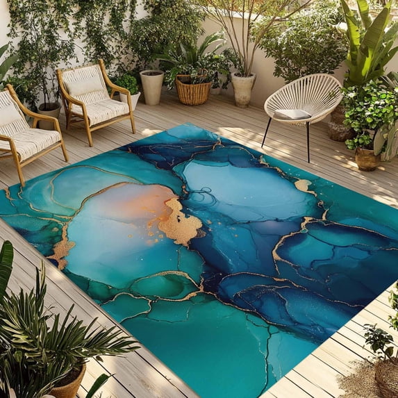 Abstract Marble Outdoor Rug, Blue Green Gold Gradient Watercolor ...
