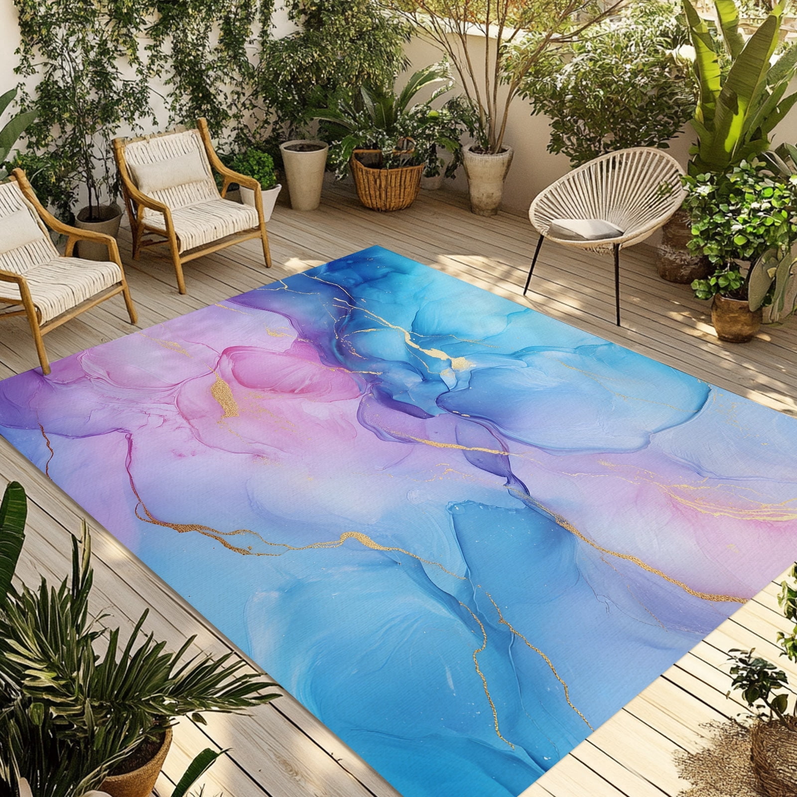 Abstract Marble Outdoor Rug, Blue Pink Gold Gradient Crack Texture Art ...