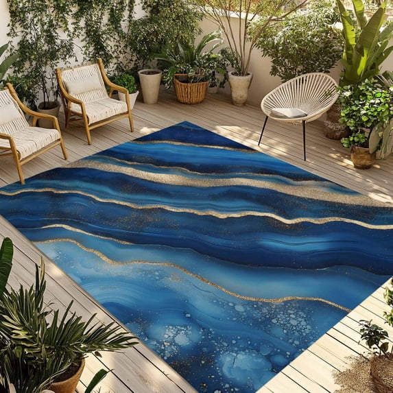 Abstract Marble Outdoor Rug, Dark Blue Gradient Gold Wave Texture Non ...