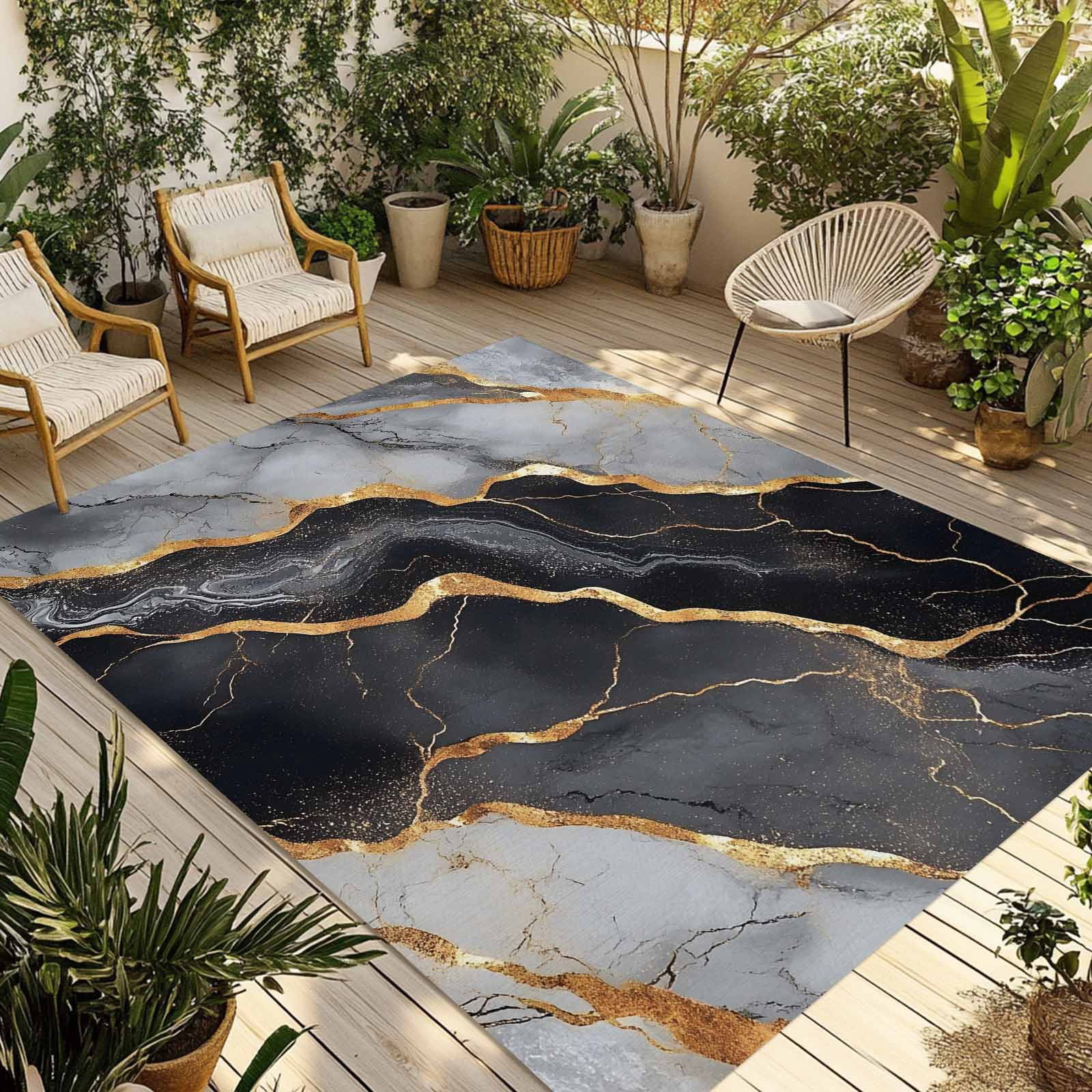 Abstract Marble Outdoor Rug, Gold Texture Simple Black Modern Non-Slip ...
