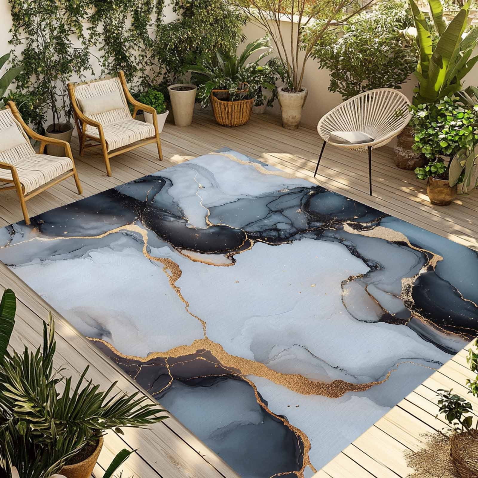 Abstract Marble Outdoor Rug, Gray White Gradient Gold Crack Texture Art ...