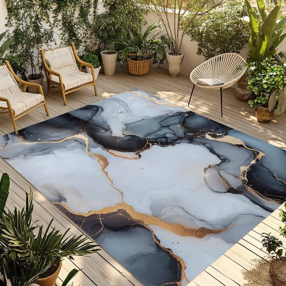 Abstract Marble Outdoor Rug, Gray White Gradient Gold Crack Texture Art ...