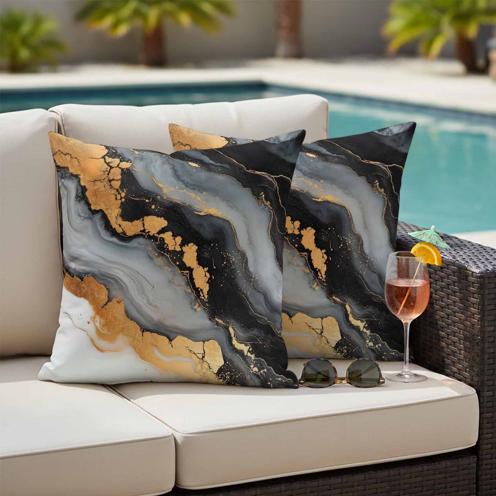 Abstract Marble Outdoor Throw Pillow Covers Set of 2, Black White Gold ...