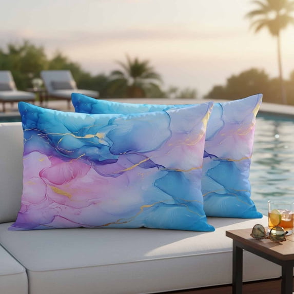 Abstract Marble Outdoor Throw Pillow Covers Set of 2, Blue Pink Gold ...