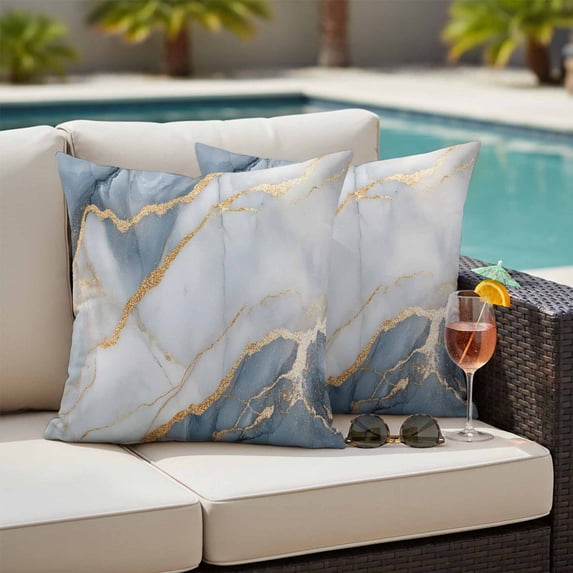 Abstract Marble Outdoor Throw Pillow Covers Set of 2, Navy Blue Gold ...