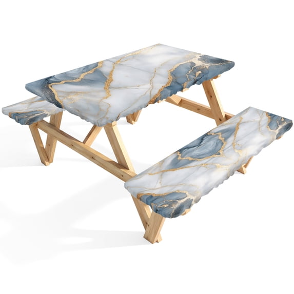 Abstract Marble Picnic Table Cover with Bench Covers Navy Blue Gold ...