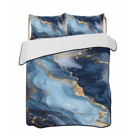 Abstract Marble Quilts Bedding Set King Size Luxury Gorgeous Blue Gold ...