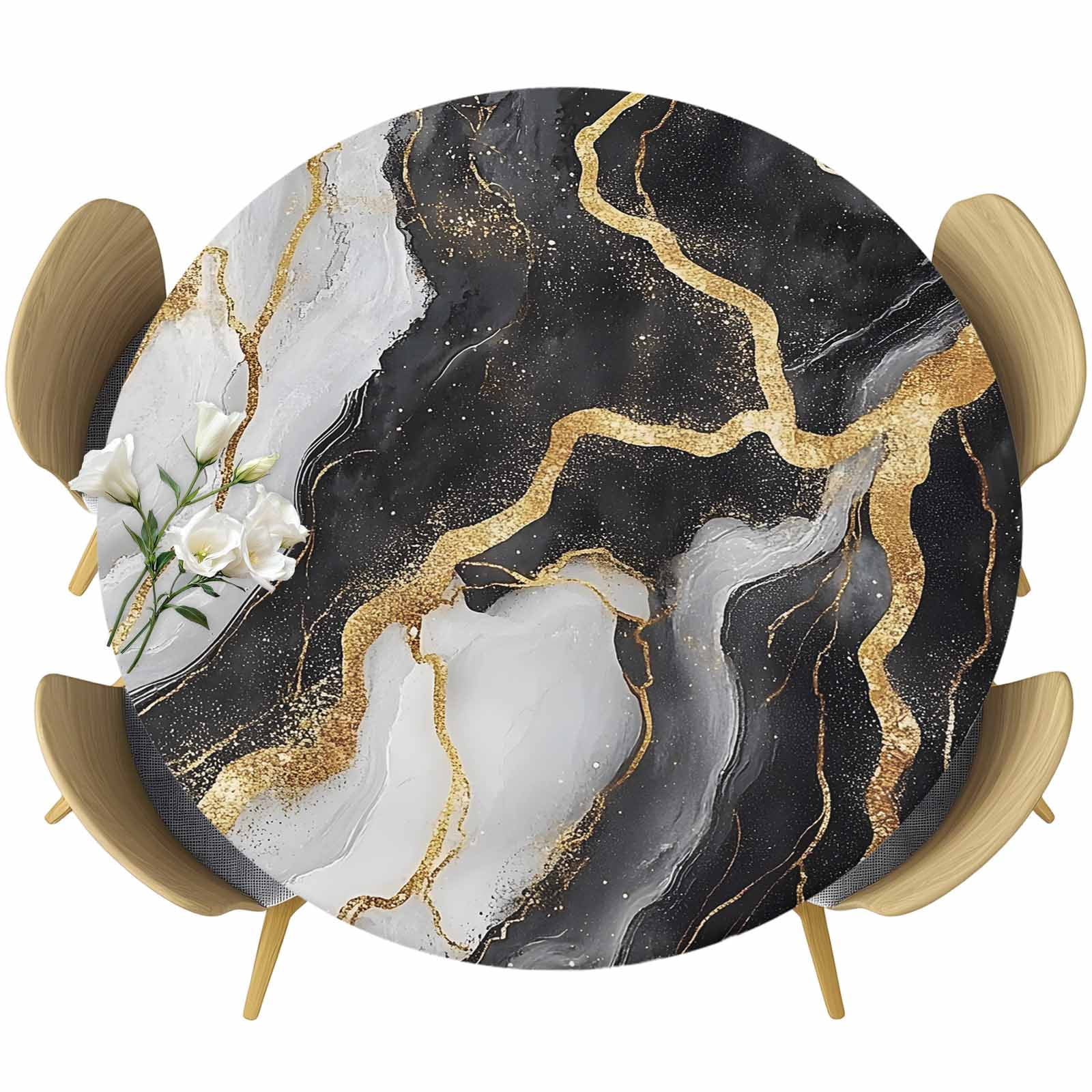 Abstract Marble Round Fitted Table Cover Gold Texture Simple Black ...