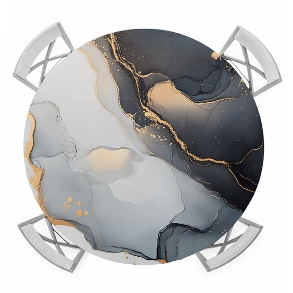 Abstract Marble Round Fitted Tablecloth with Elastic Edge, Black ...