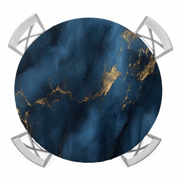 Abstract Marble Round Fitted Tablecloth with Elastic Edge, Blue Gold ...