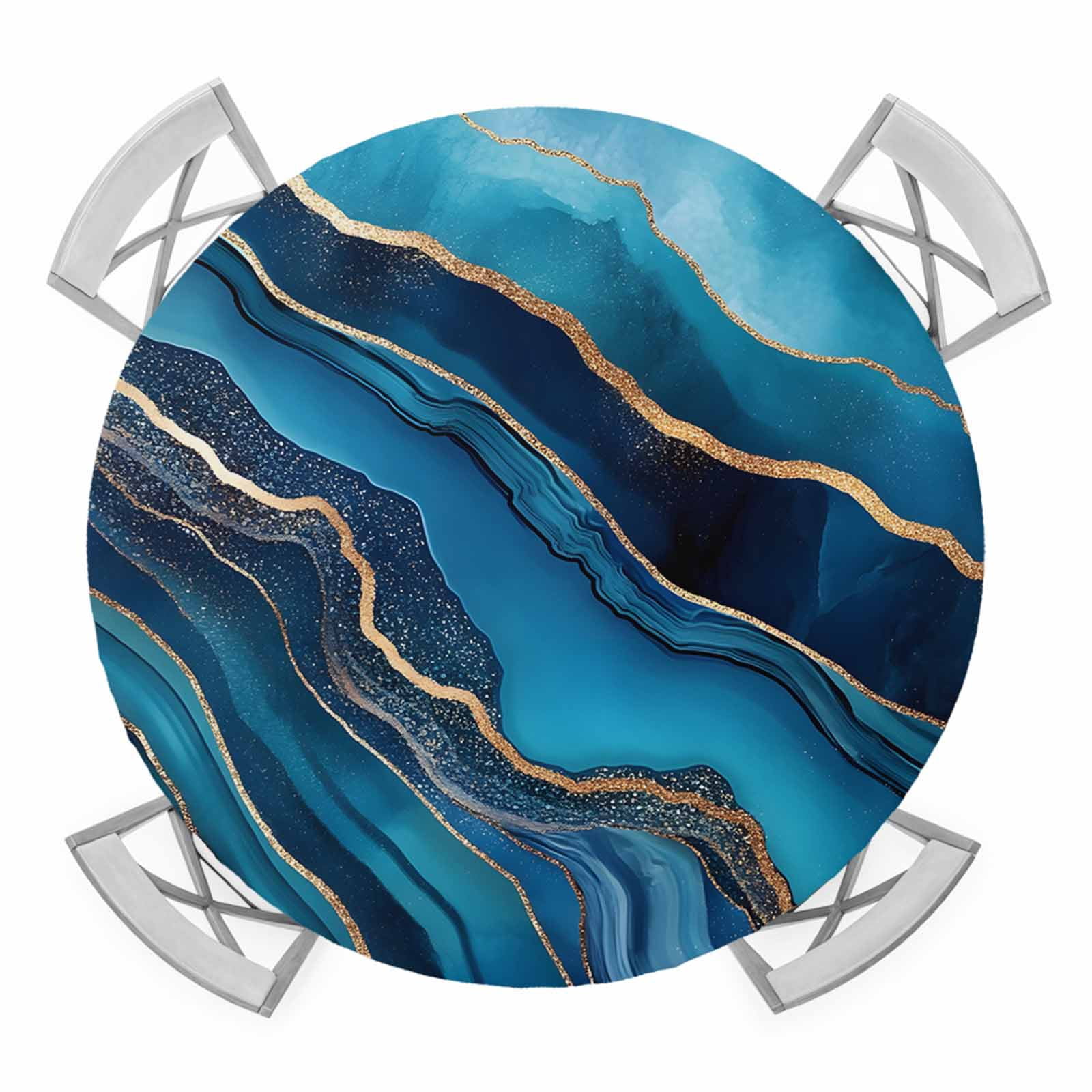 Abstract Marble Round Fitted Tablecloth with Elastic Edge, Teal Gold ...